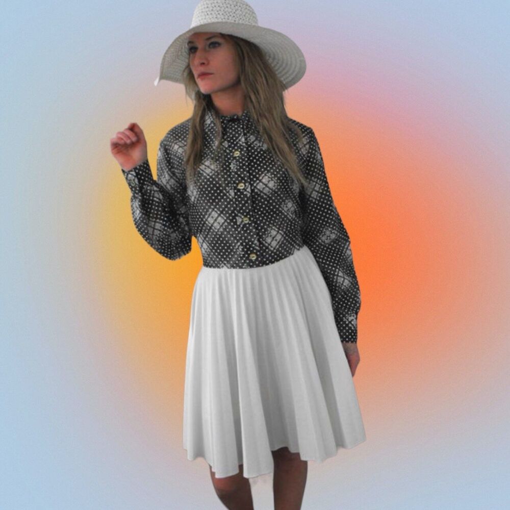70s Vintage Plaid Pleated Mod Dress White Sheer Black… - Gem